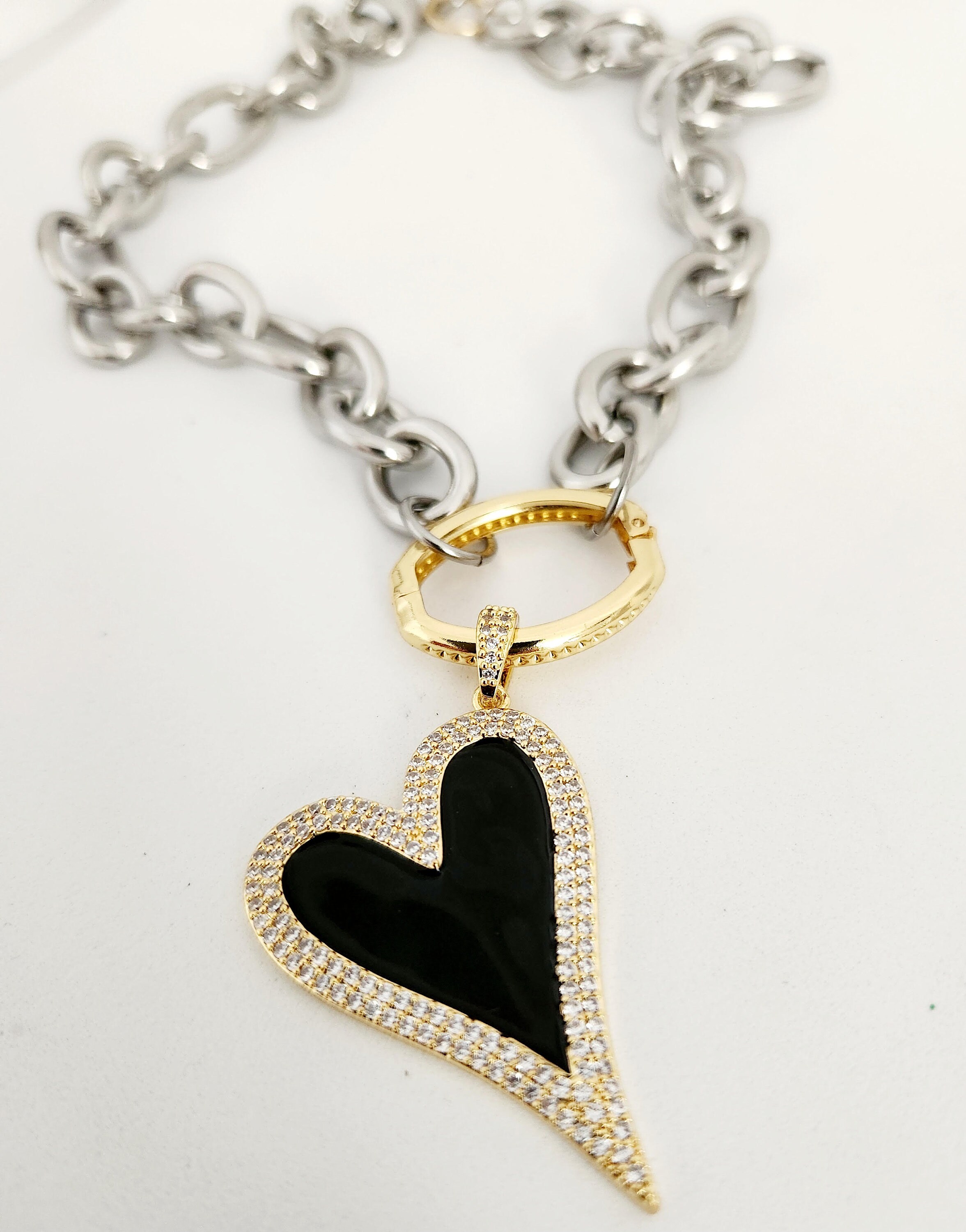 Oversized heart chain necklace, Two Tone Necklace , Statement, Heart ...