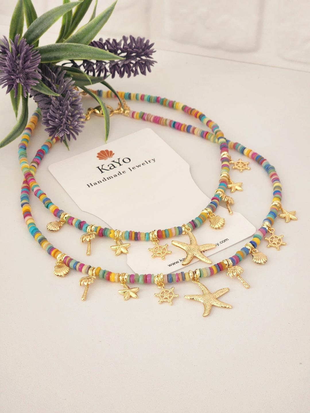 Shell Beads Necklace/Multi Charm Necklace/Ocean Theme Necklace/ Summer ...