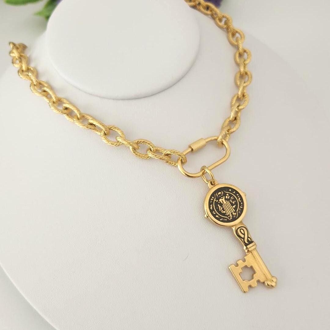 Saint Benedict Key Medal Necklace Gold, Stainless Steel, Carabiner ...