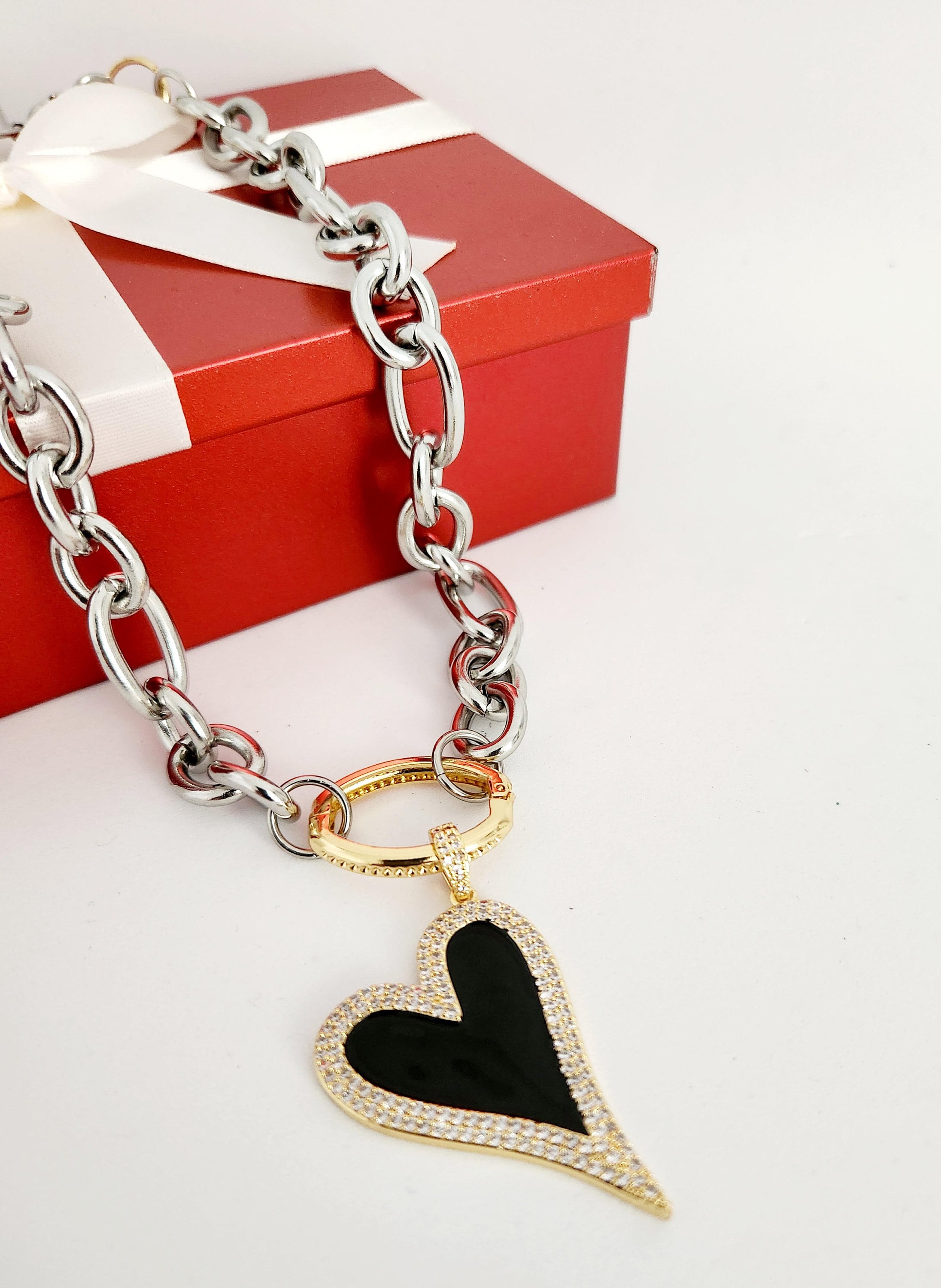Oversized heart chain necklace, Two Tone Necklace , Statement, Heart ...