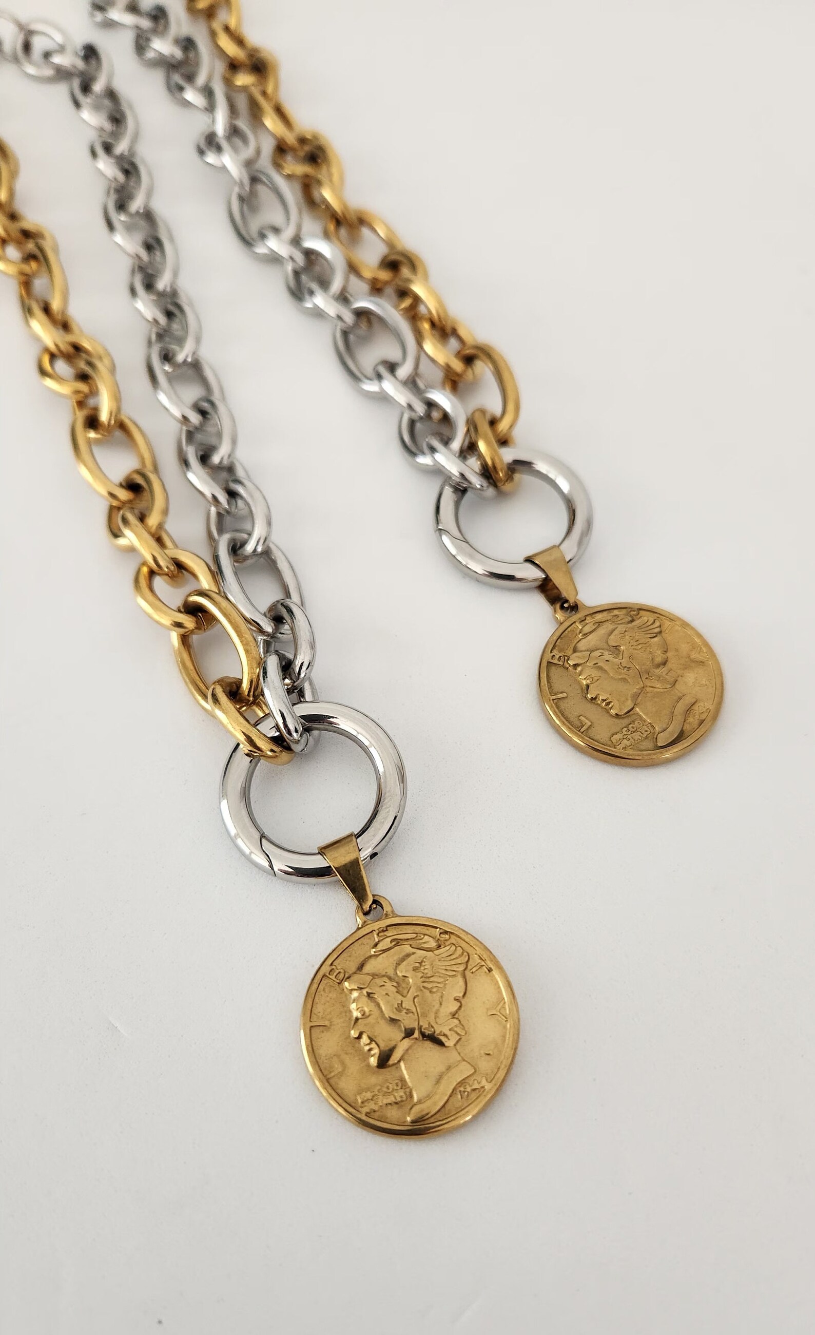 Mercury Dime Pendant Necklace, Two Tone Chunky Chain Necklace With ...