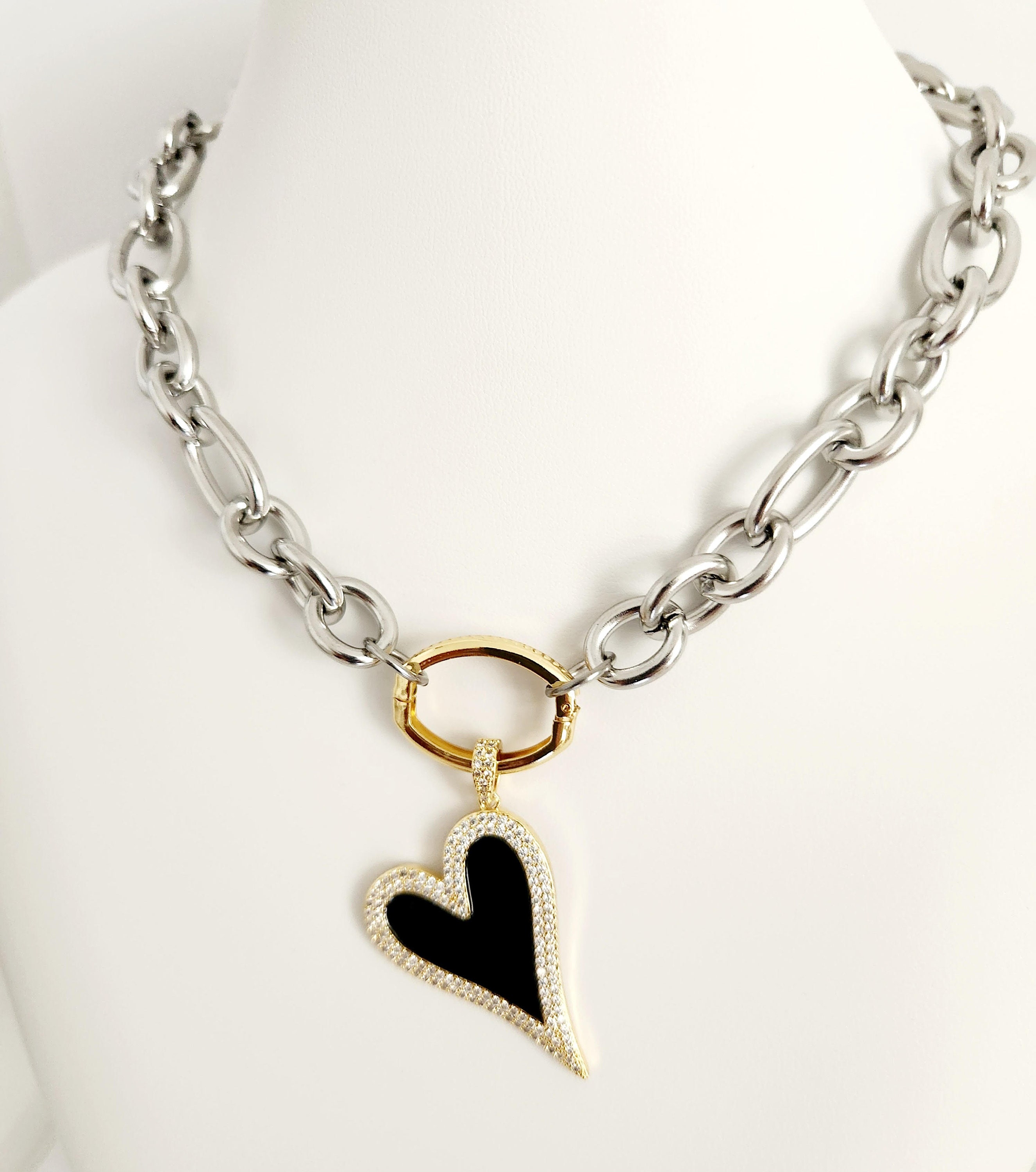 Oversized heart chain necklace, Two Tone Necklace , Statement, Heart ...