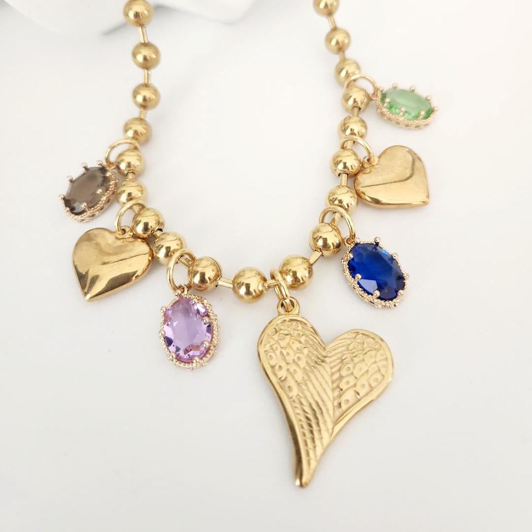 Collar Multi Charm Corazón Volador Chapado en Oro de 24k en Acero ...