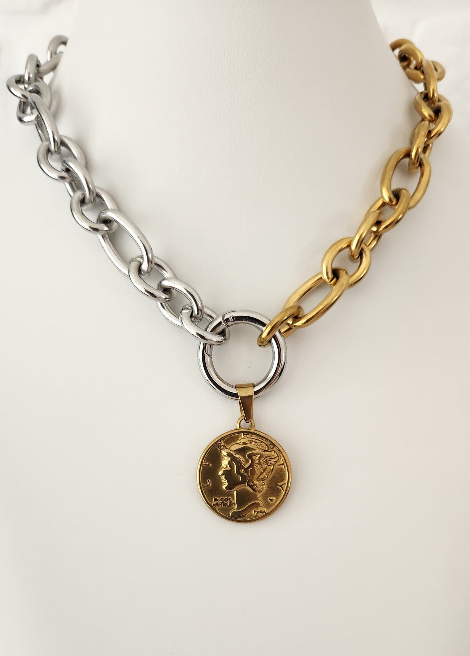 Mercury Dime Pendant Necklace, Two Tone Chunky Chain Necklace With ...