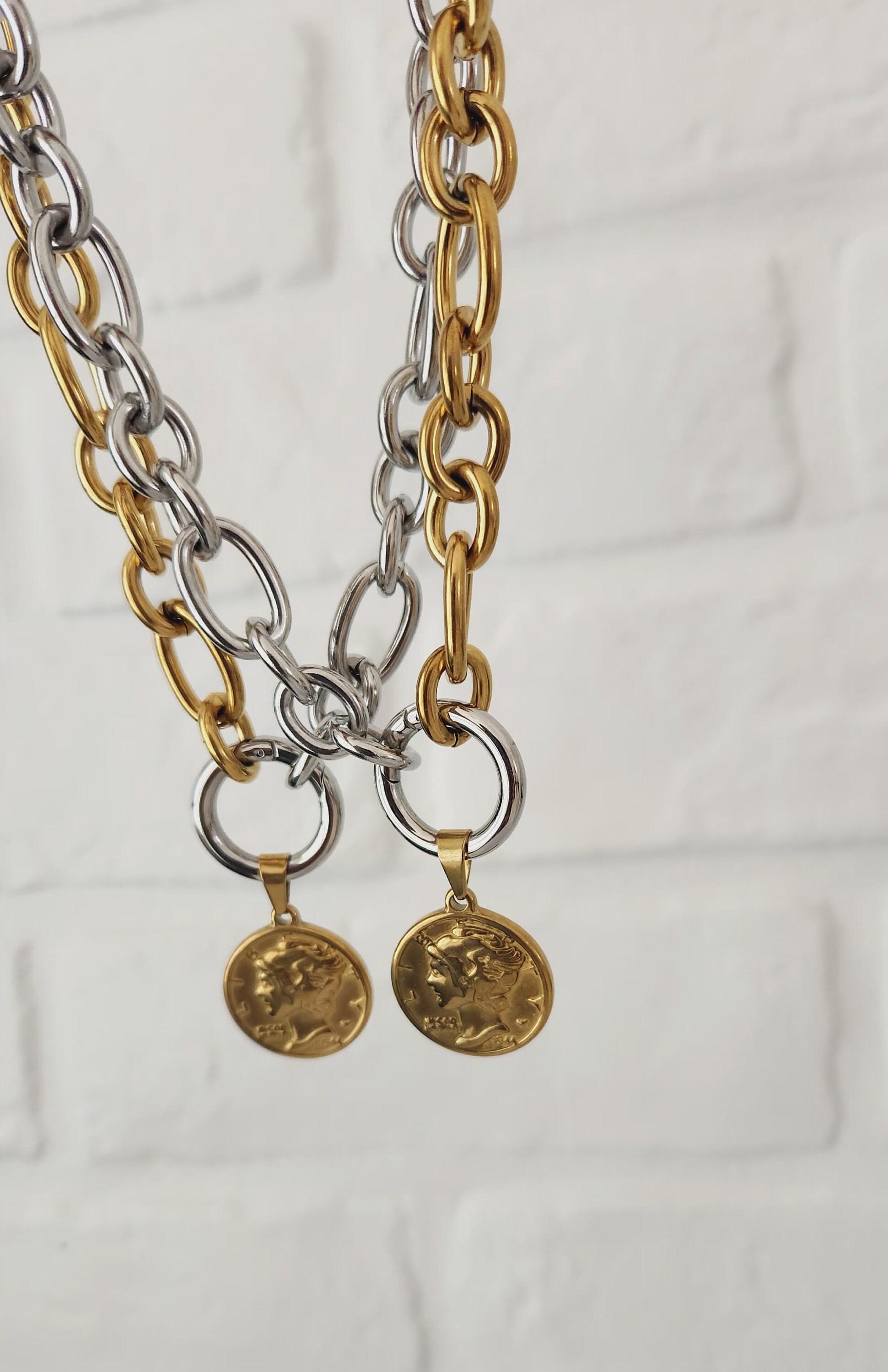 Mercury Dime Pendant Necklace, Two Tone Chunky Chain Necklace With ...