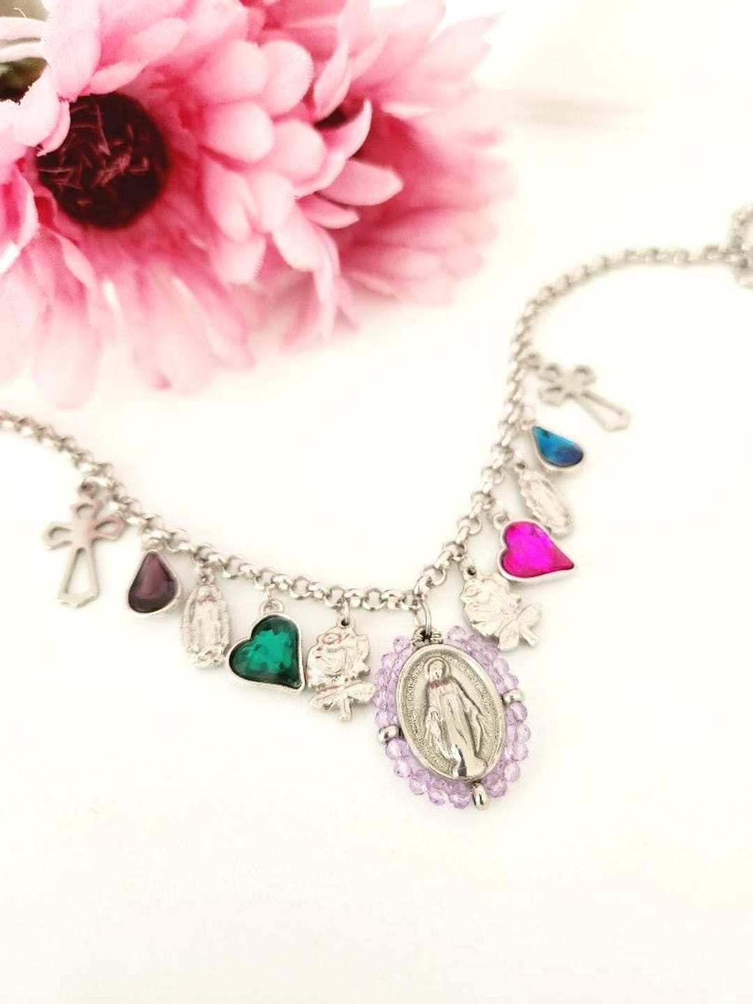 Virgin of Miracles Medal Necklace, Silver Charm Necklace, Mexican ...