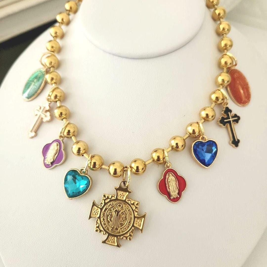 Catholic Medal Necklace, Multi Charm, St. Benedict Cross, Virgin of ...