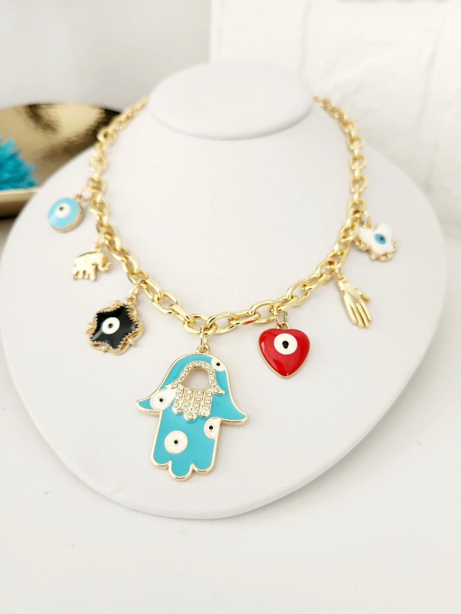 Hand of Fatima Necklace, Turkish Eye Charms, Fashion Jewelry - Etsy