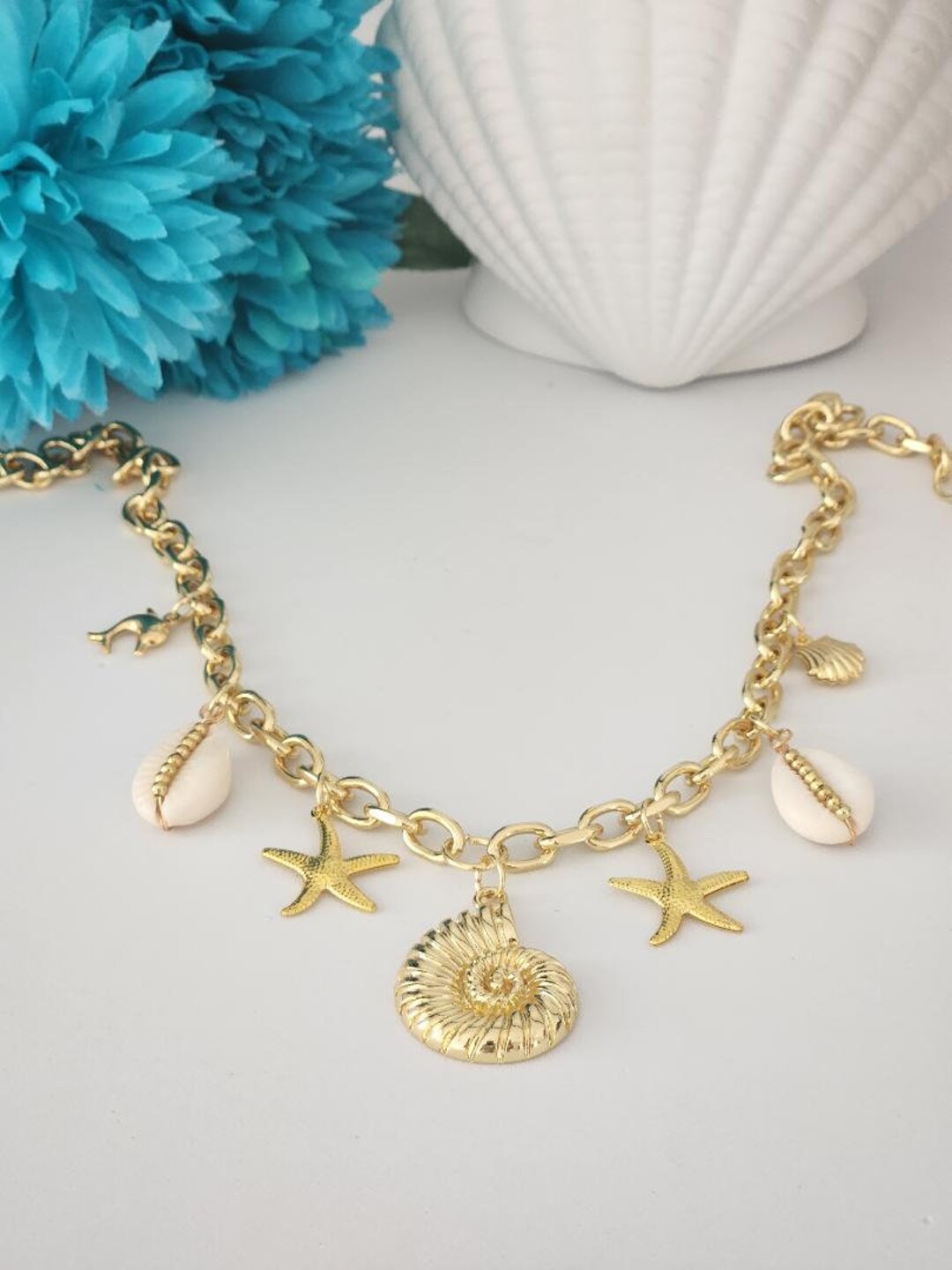 Seashell Necklace With Marine Charms in Gold | 18k Gold Plated Chain ...