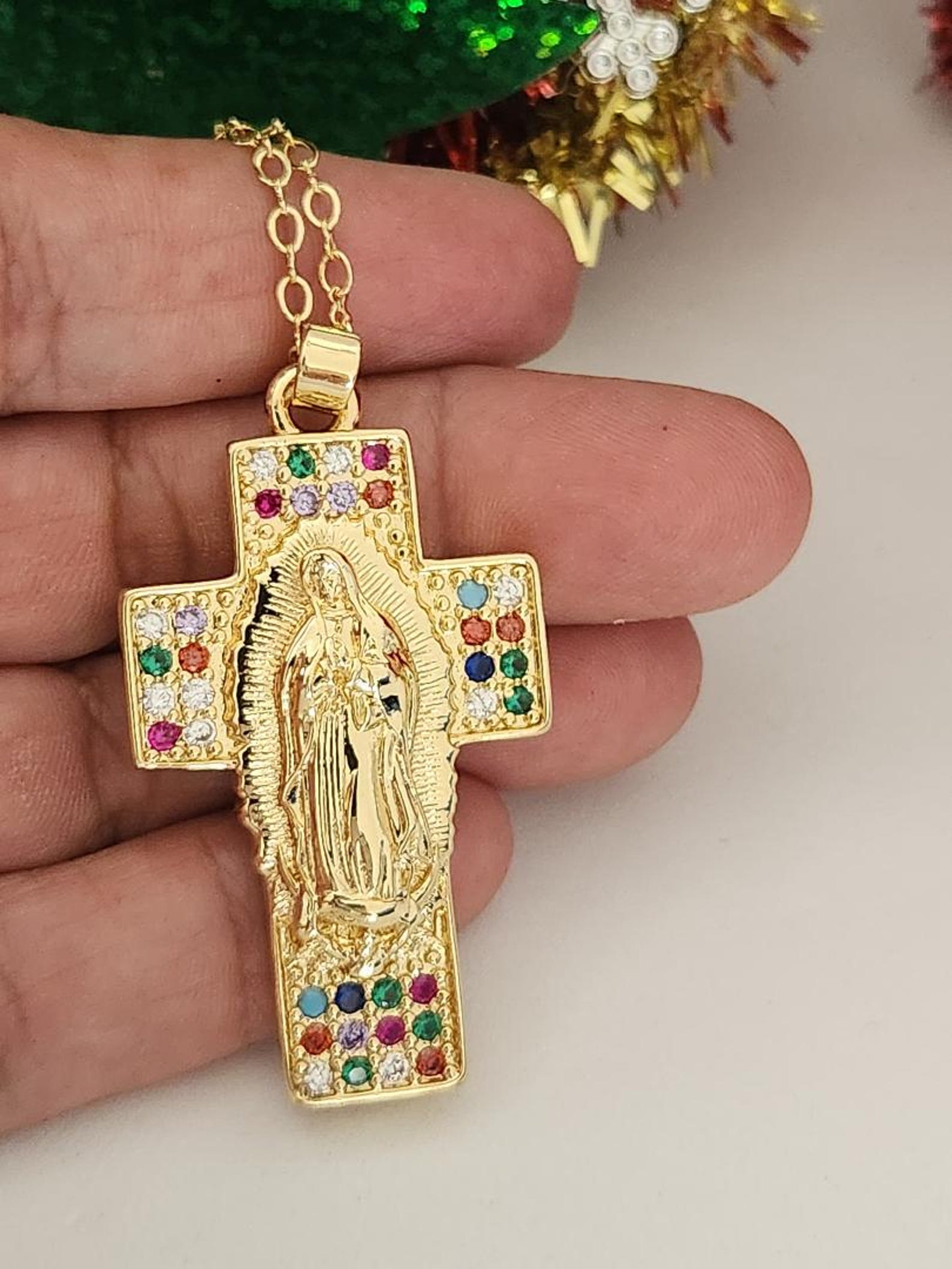 Our Lady of Guadalupe Necklace, Thick Cross Pendant With Image of the ...