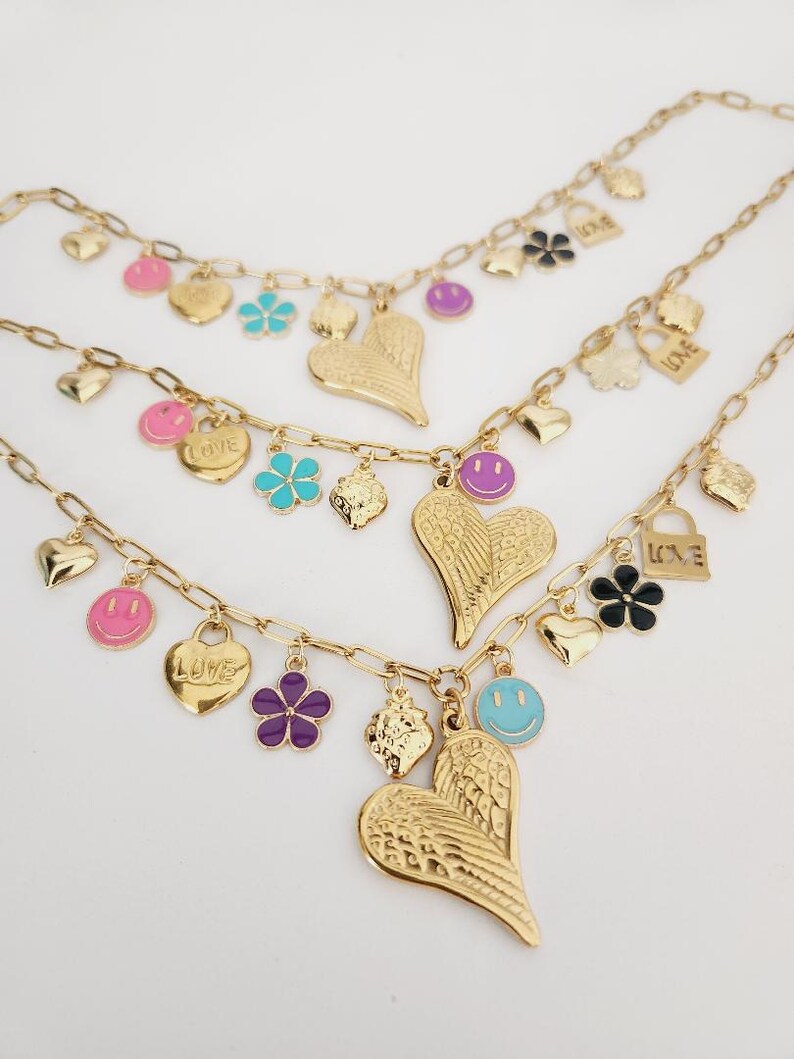 Multi Charm Necklace Gold, Heart Charms With Wings, Flowers and Happy ...