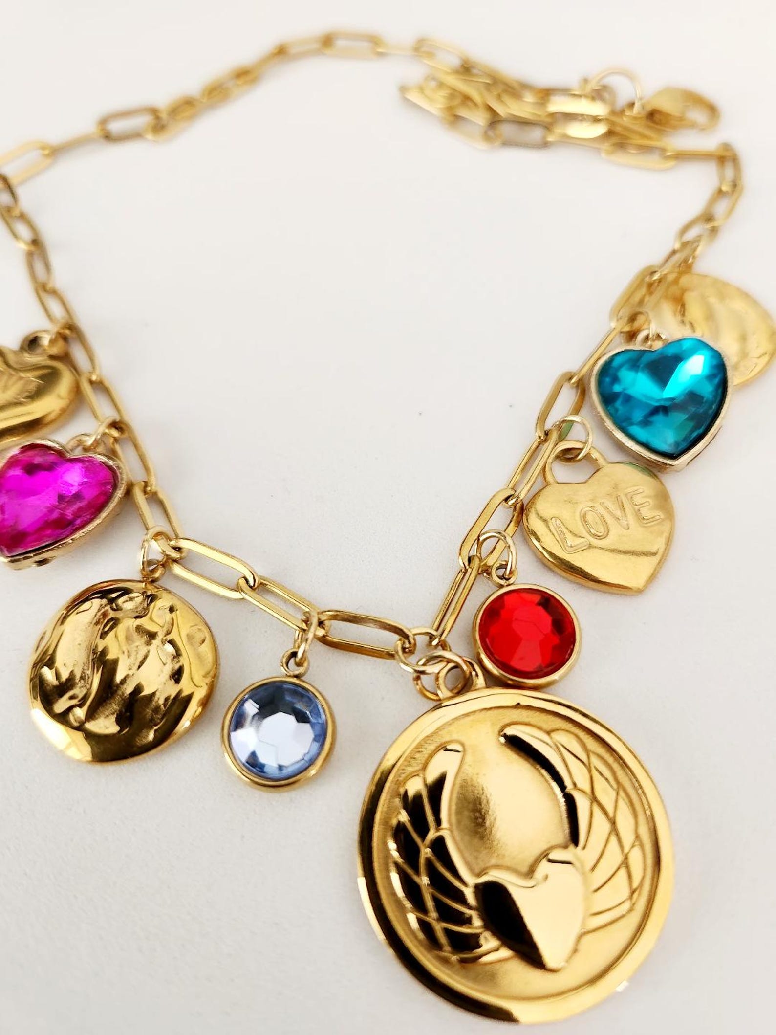 Multi Charms Necklace in Gold, Flying Heart, in Stainless Steel ...