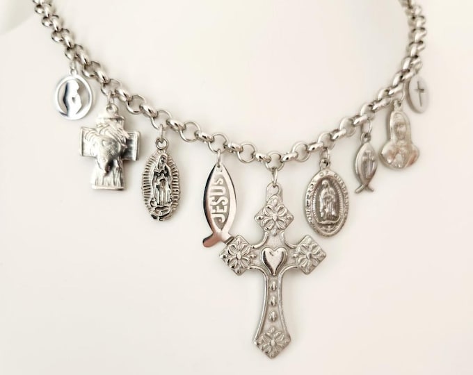 Vintage Silver Catholic Necklace With Thick Cross and Saint Charms - Etsy