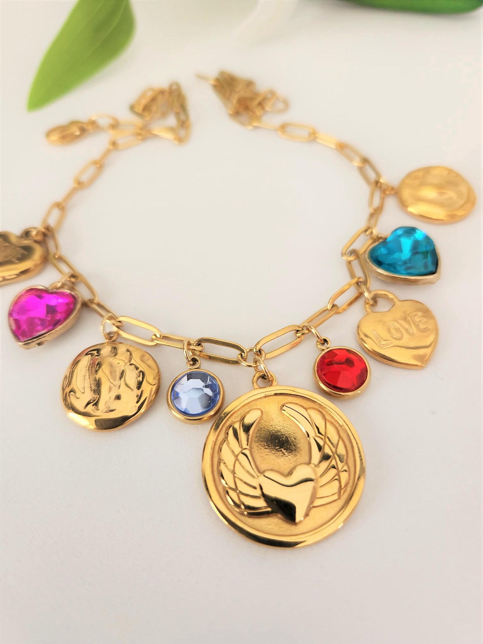 Multi Charms Necklace in Gold, Flying Heart, in Stainless Steel ...