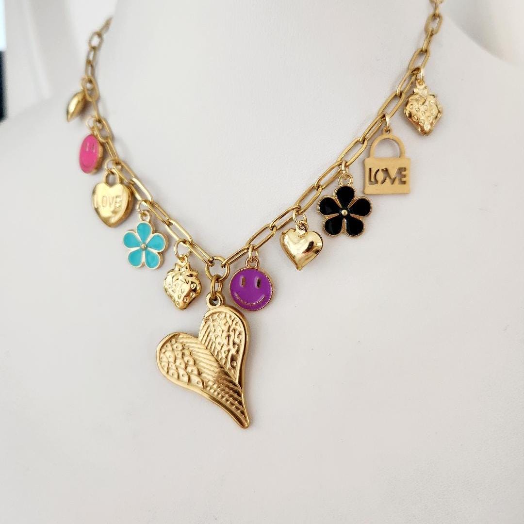 Multi Charm Necklace Gold, Heart Charms With Wings, Flowers and Happy ...