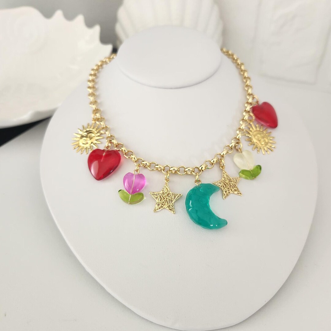 Multi Charms Necklace/summer Necklace/statement Necklace for Her/gold ...