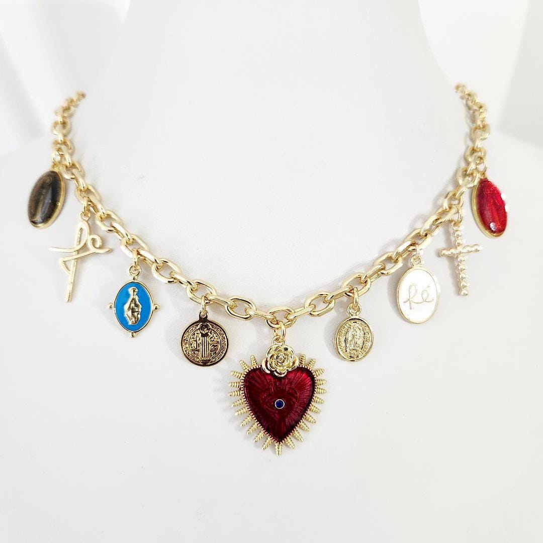 Sacred Heart Jesus Gold Necklace, Multi-charm Necklace, Religious ...