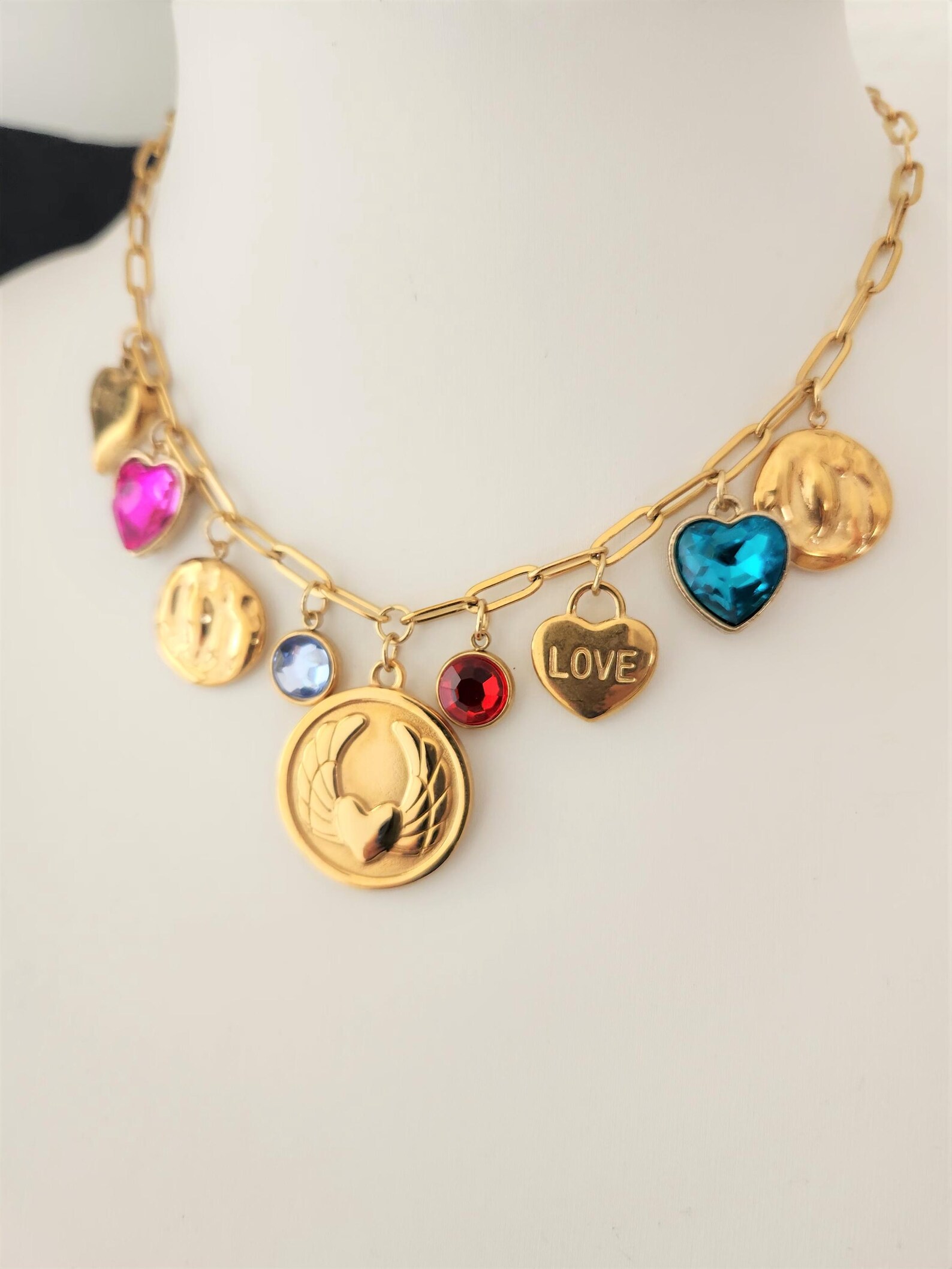 Multi Charms Necklace in Gold, Flying Heart, in Stainless Steel ...