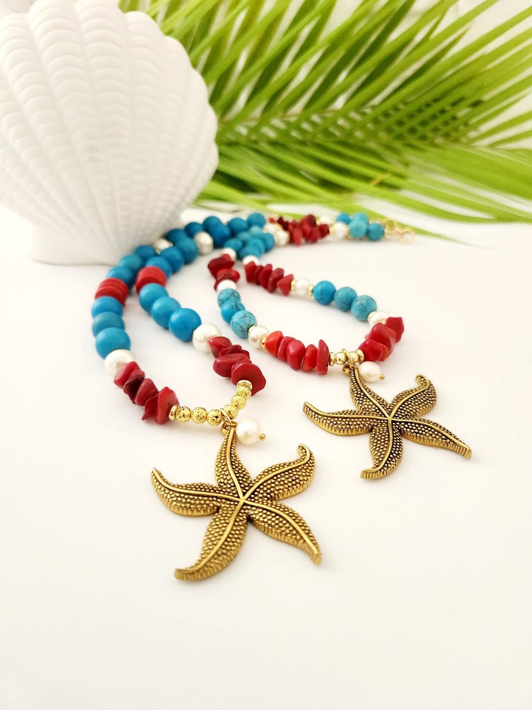 Turquoise Starfish Necklace/boho Wedding Jewelry/summer Necklace/red ...
