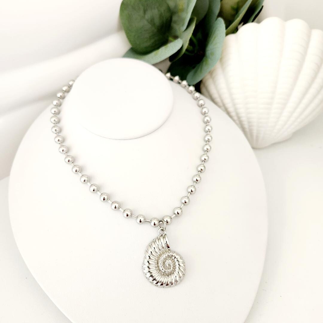 Nautilus Shell Necklace, Marine Jewelry, Stainless Steel Ball Chain ...