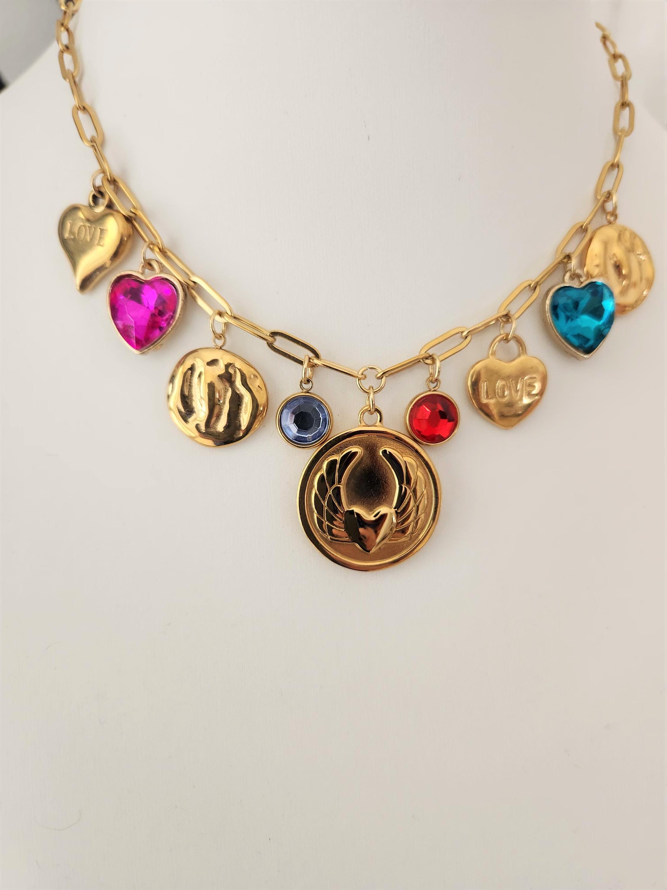 Multi Charms Necklace in Gold, Flying Heart, in Stainless Steel ...