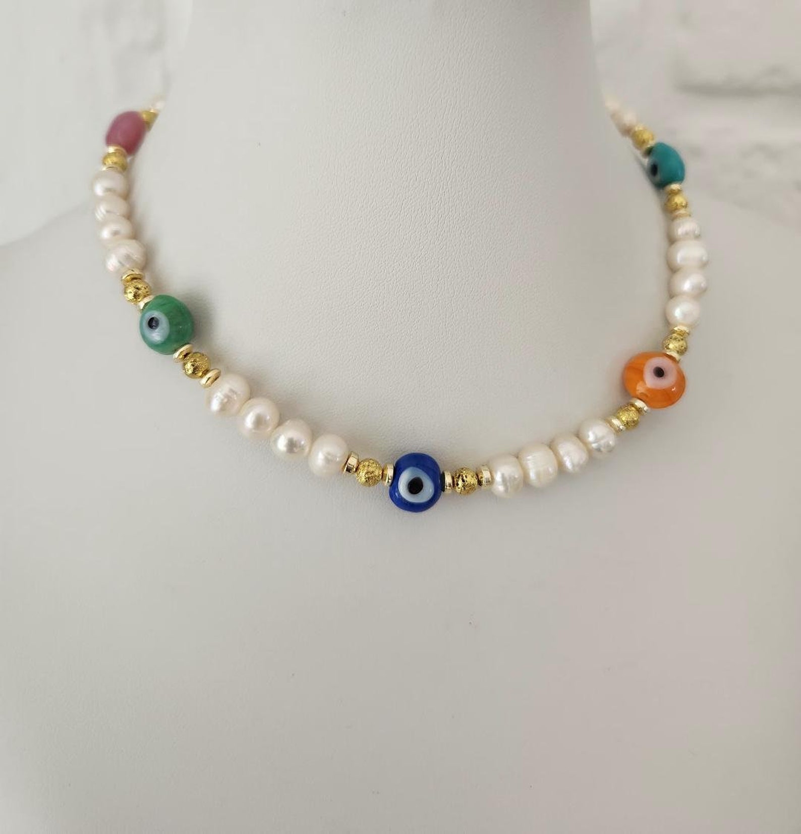 Vibrant Evil Eye Necklace With Pearl Accent - Etsy