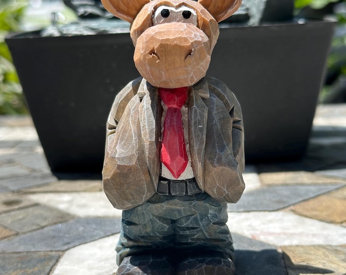 Hand Carved Wooden Moose Figurine – Whimsical Forest Animal Sculpture ...