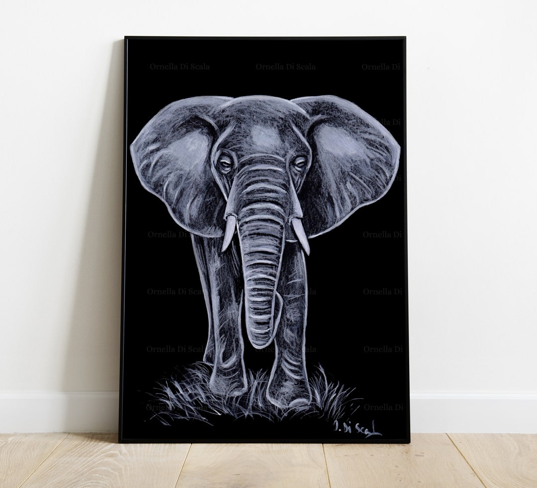 Elefant handgemalt mit Acryl und weißem Bleistift auf schwarzem Blatt ...