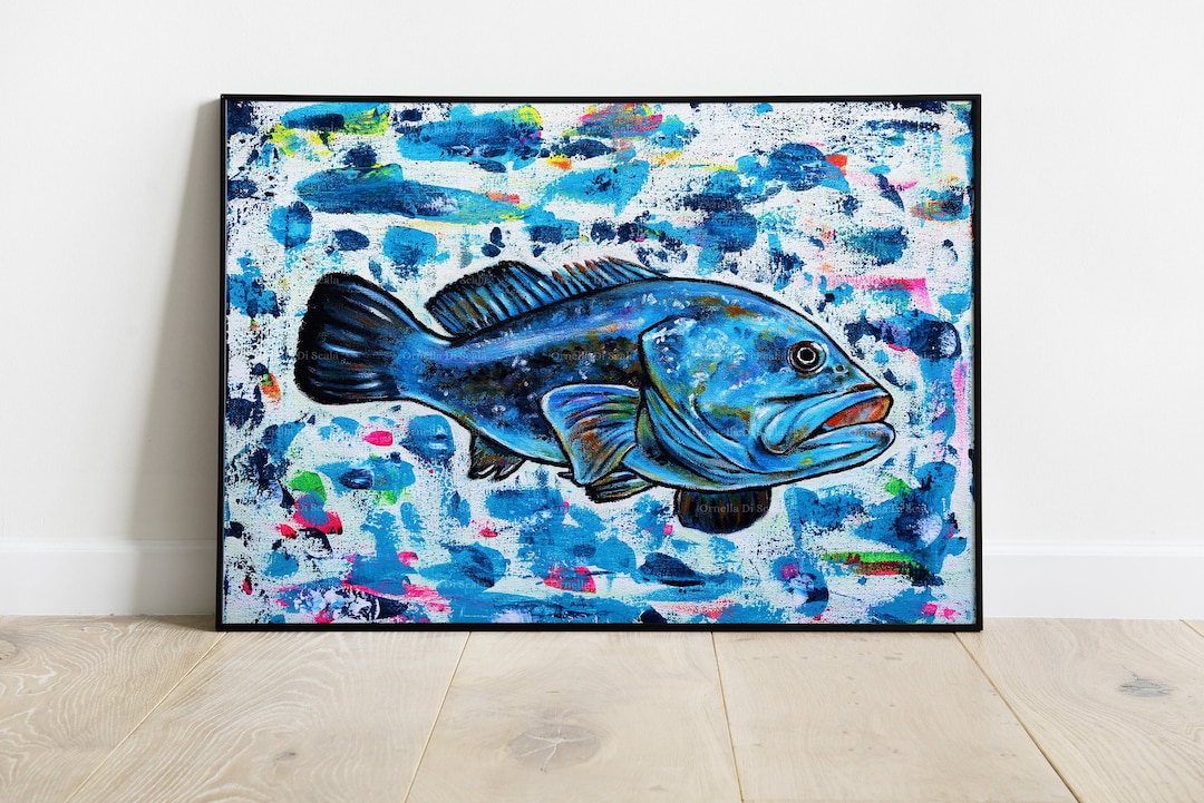 Fish Wall Art – Hand-painted Blue Grouper Sea Fish Painting – Blue ...