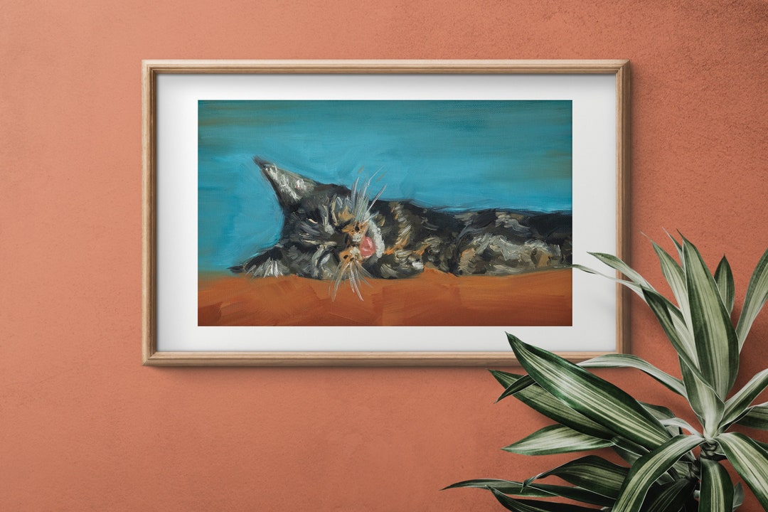 Art Print | Cute Sleeping Cat in Cobalt Blue and Burnt Orange | Oil ...