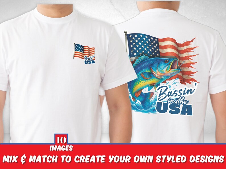 Patriotic Fishing Clipart Bundle: Bassin’ in the USA (10 Pngs) (digital ...