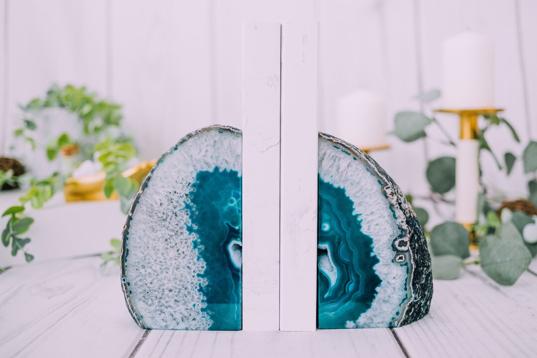 3 to 6 Pound Teal Agate Bookends - Geode Bookend - Dyed Geode Book Ends ...