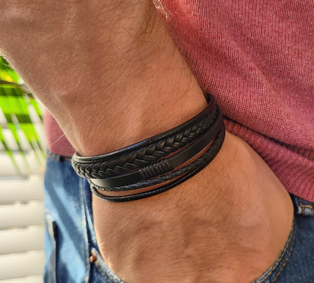 Men's Leather Bracelet in Black Leather Bracelet With Magnetic Clasp ...