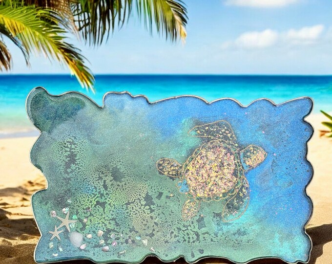 Resin Ocean Turtle Tray With Shells and Gold Trim - Beach Decor ...