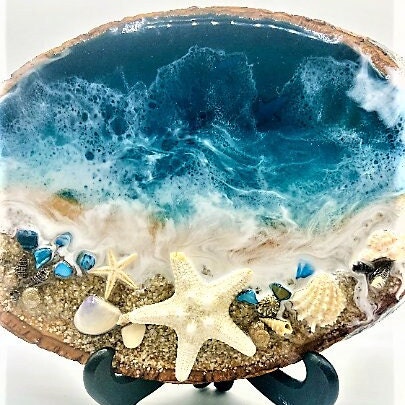 Ocean Wall Decor wood Slab With Wavessand and Sea Shells . - Etsy