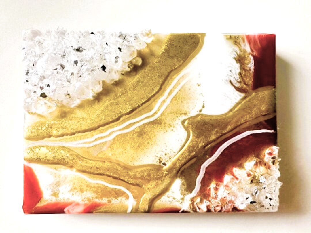 Geode Resin Art on Wood Panel, Gold, Red and White Geode, Shelf and ...