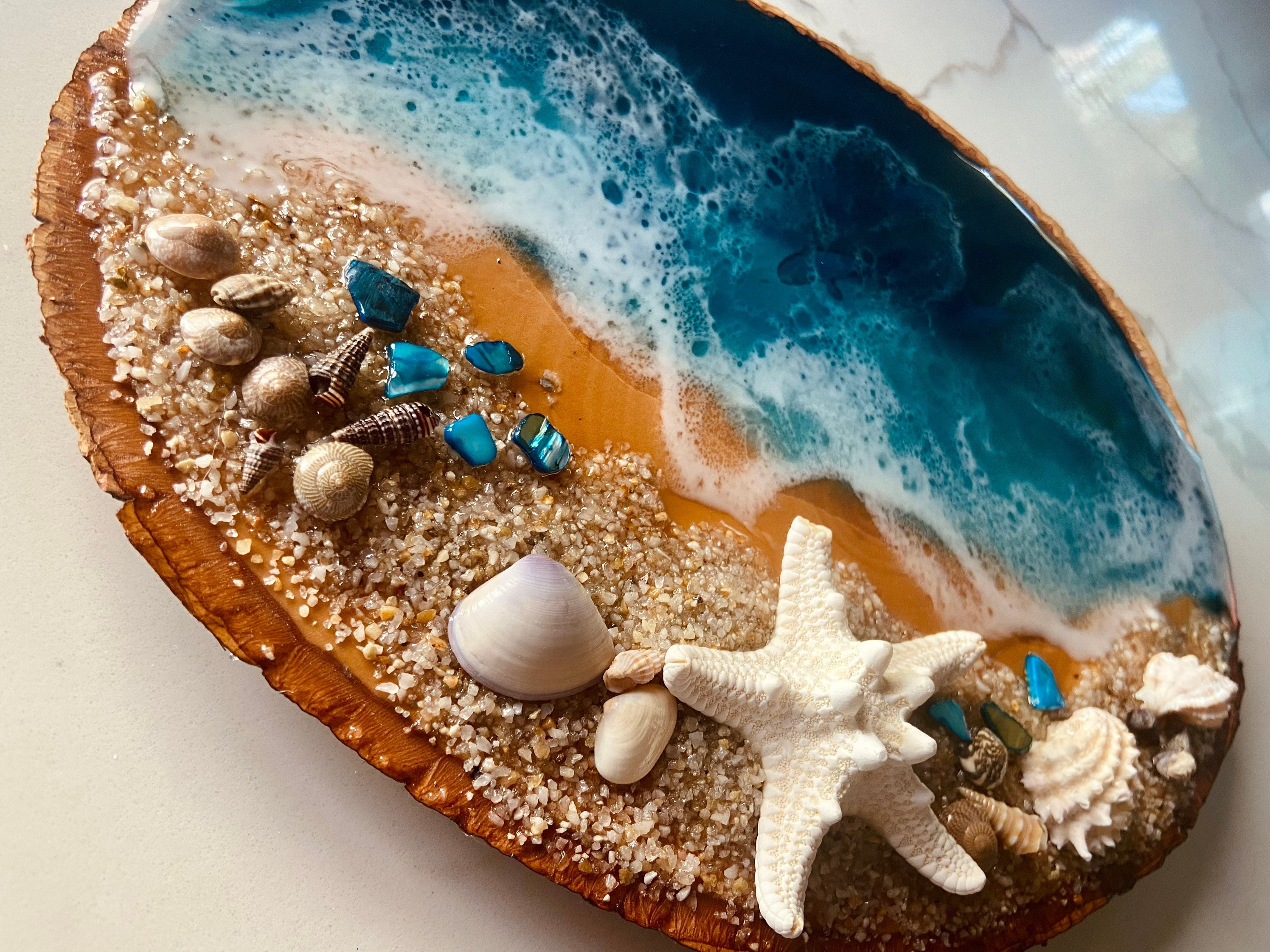 Ocean Wall Decor wood Slab With Wavessand and Sea Shells . - Etsy