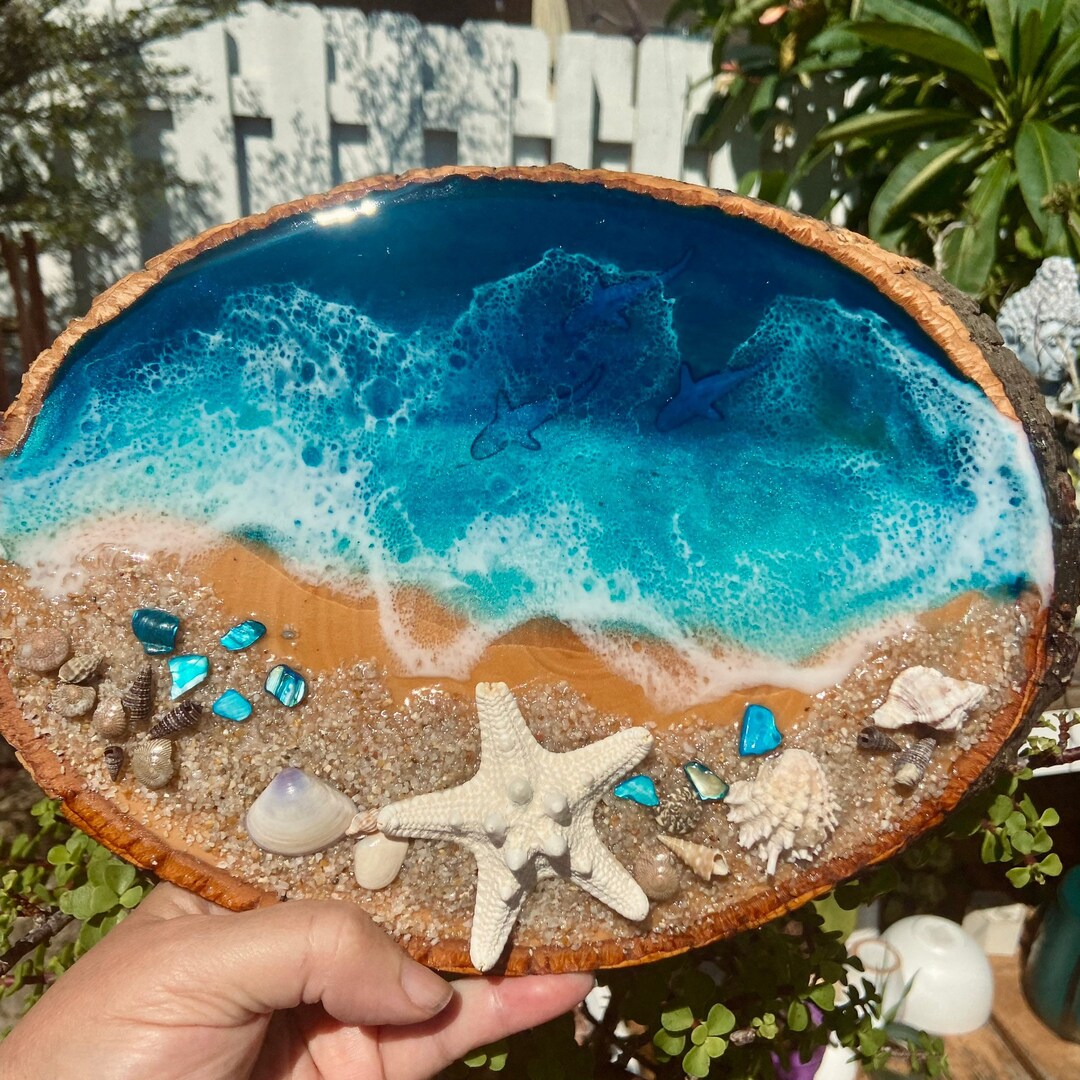 Ocean Wall Decor -wood Slab With Waves,sand, and Sea Shells . Beach ...