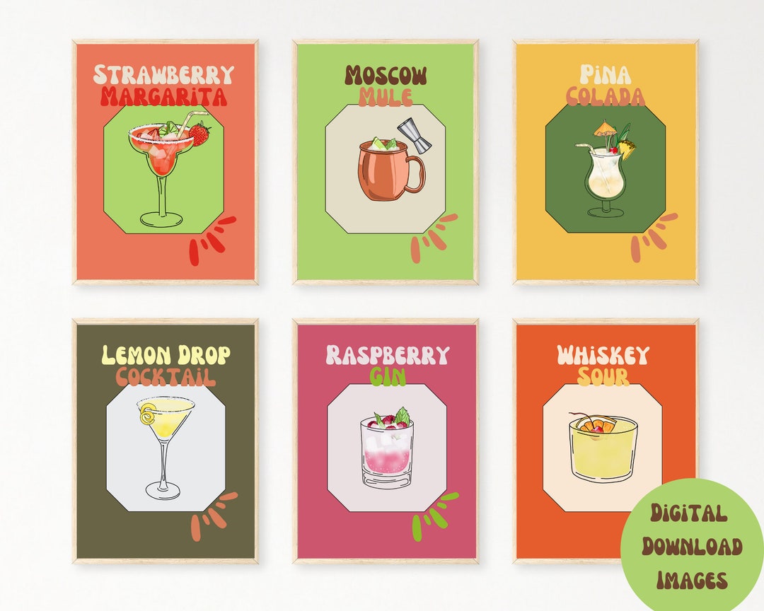 Cocktail Art Print Set of 6 - Colorful Bar Cart Gallery - Retro ...
