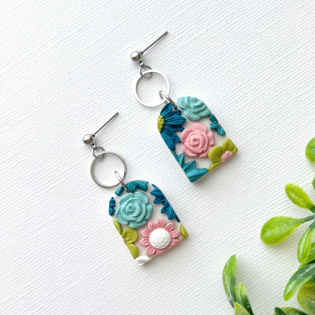 Mellow Meadows Clay Earrings Summer Spring Floral Pattern Blue Green ...