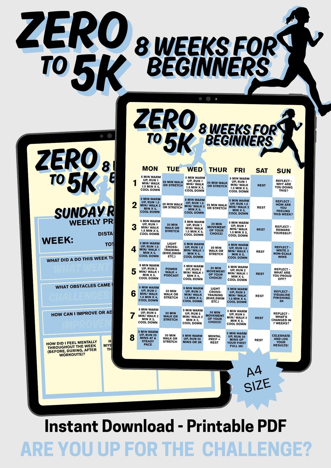 Zero to 5K Printable Running Plan • 8 Week Beginner 5K Challenge • A4 ...