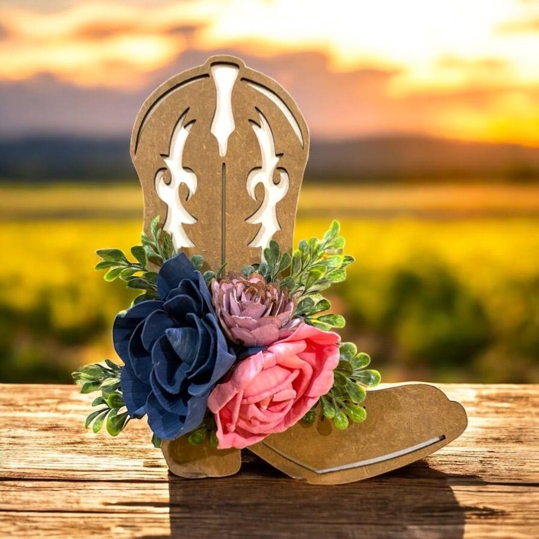 Rustic Wooden Cowboy Boot Wall Hanging With Sola Flowers, Western Shelf ...