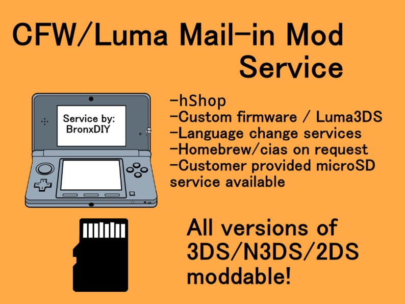 3DS/N3DS/2DS Mod Mail-in Service Custom Firmware CFW Hshop LUMA W ...