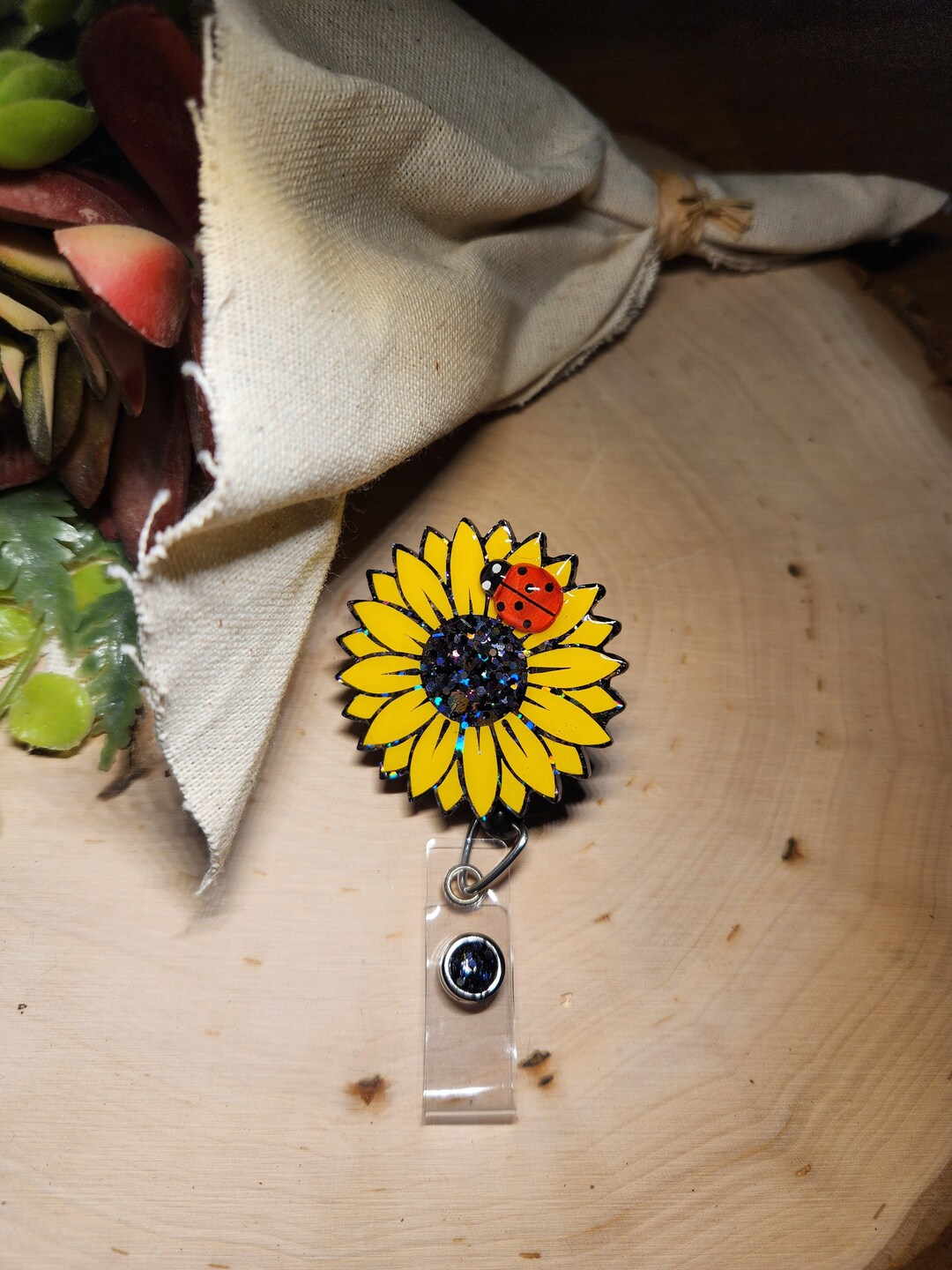 Sunflower Ladybug Retractable Badge Reel: Charcoal Glitter ...