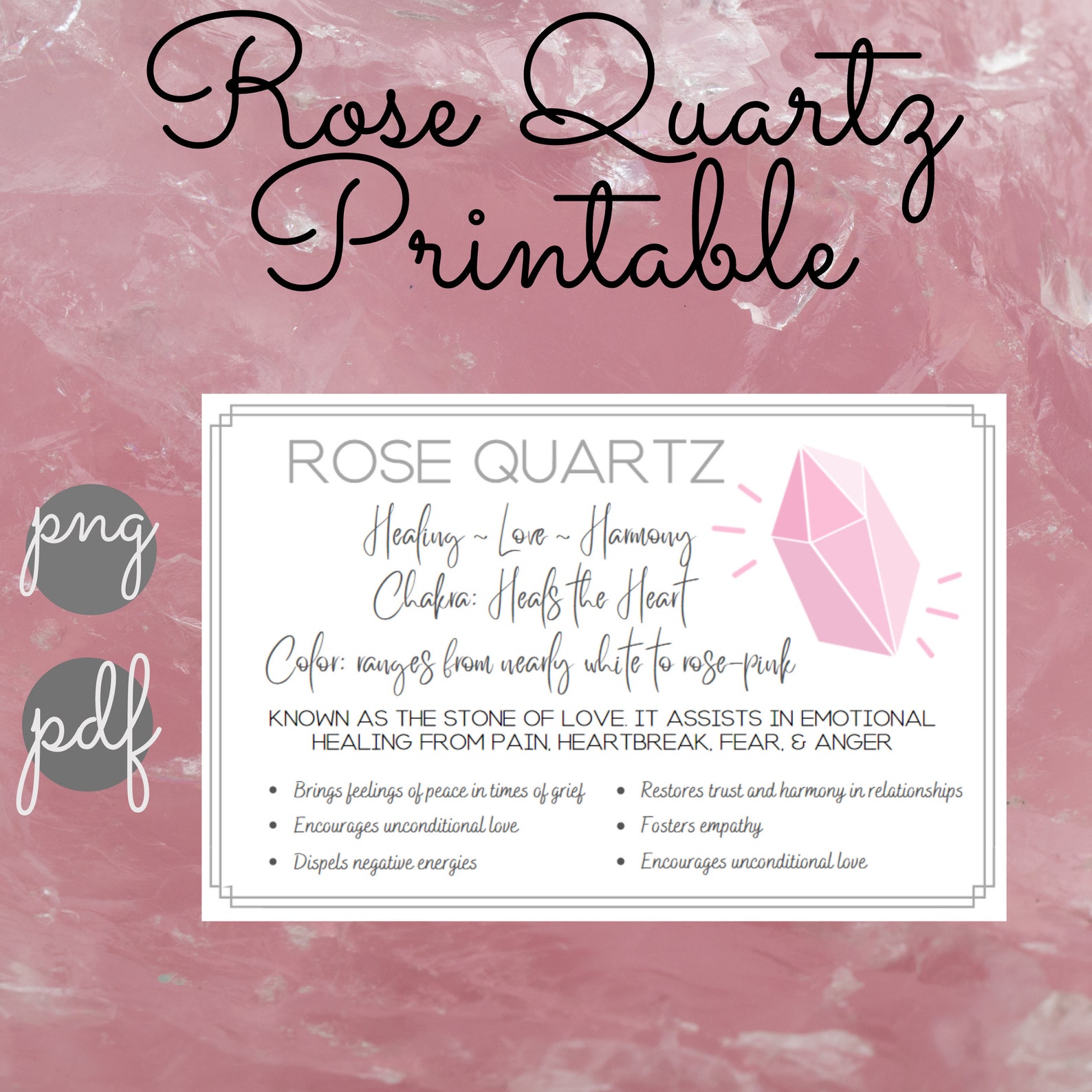 Rose Quartz Printable Cards Meaning Properties Benefits | Etsy