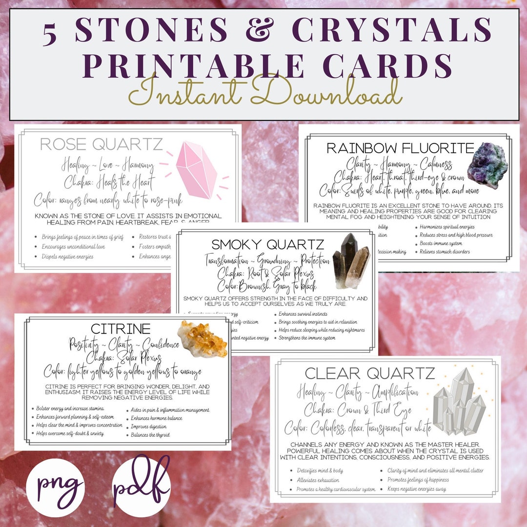 5 Quartz Crystals Stones Printable Cards Rose Quartz, Smoky Quartz ...