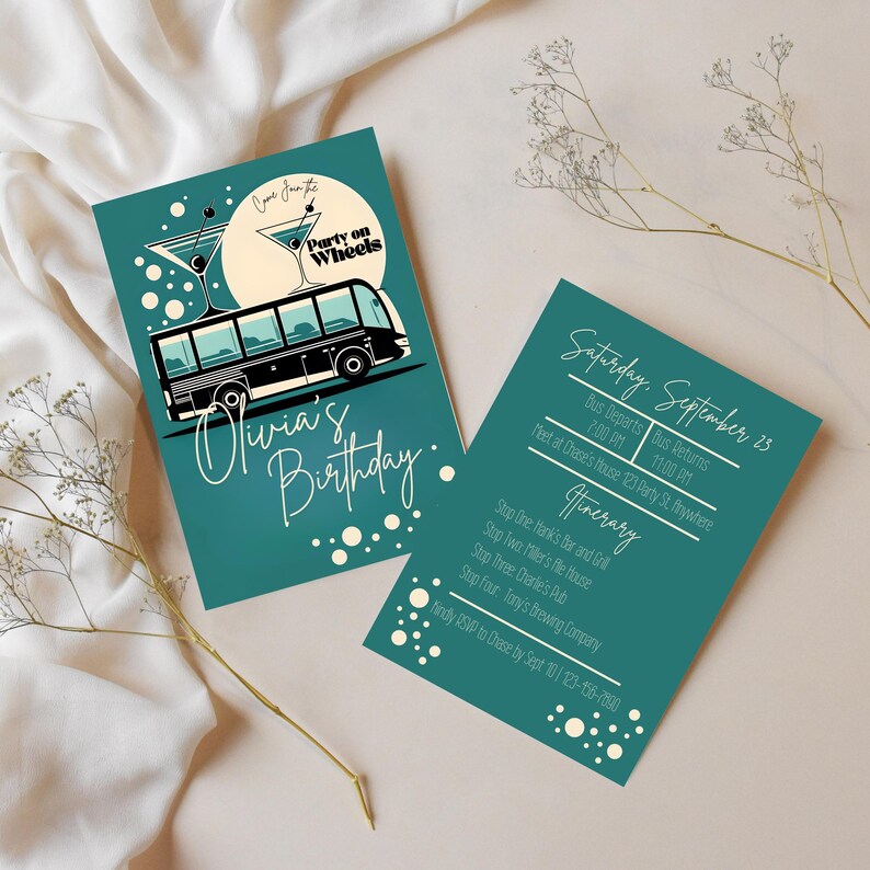 Editable Party Bus Birthday Invitation Template – Teal Cocktail Theme ...