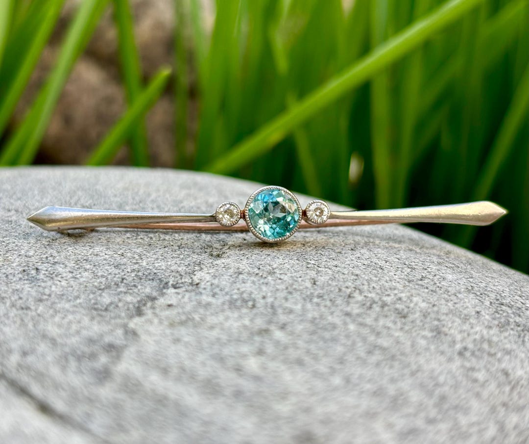 Antique Old Cut Diamond and Blue Zircon Bar Brooch/pendant/platinum ...