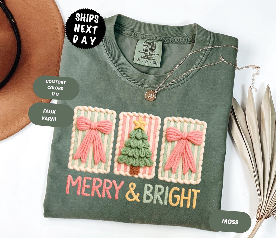 Comfort Colors Faux Yarn Christmas Tee, Merry and Bright Shirt - Etsy