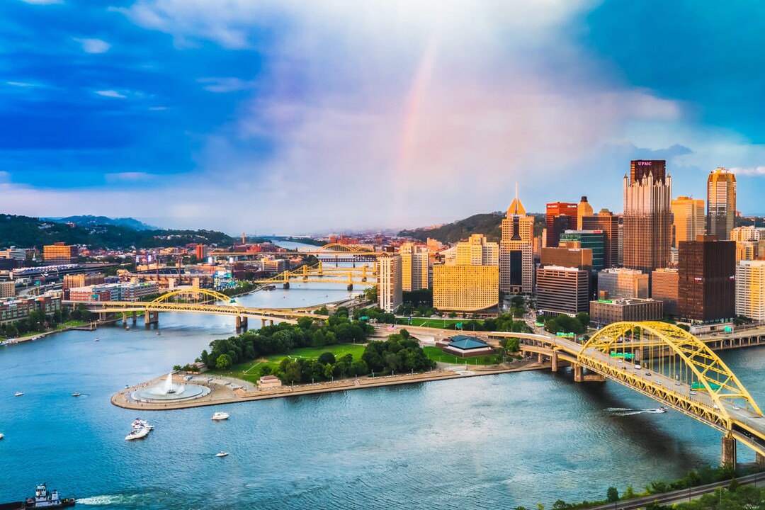 Pittsburgh Cityscape, Point State Park Fountain, Downtown, Rainbow ...